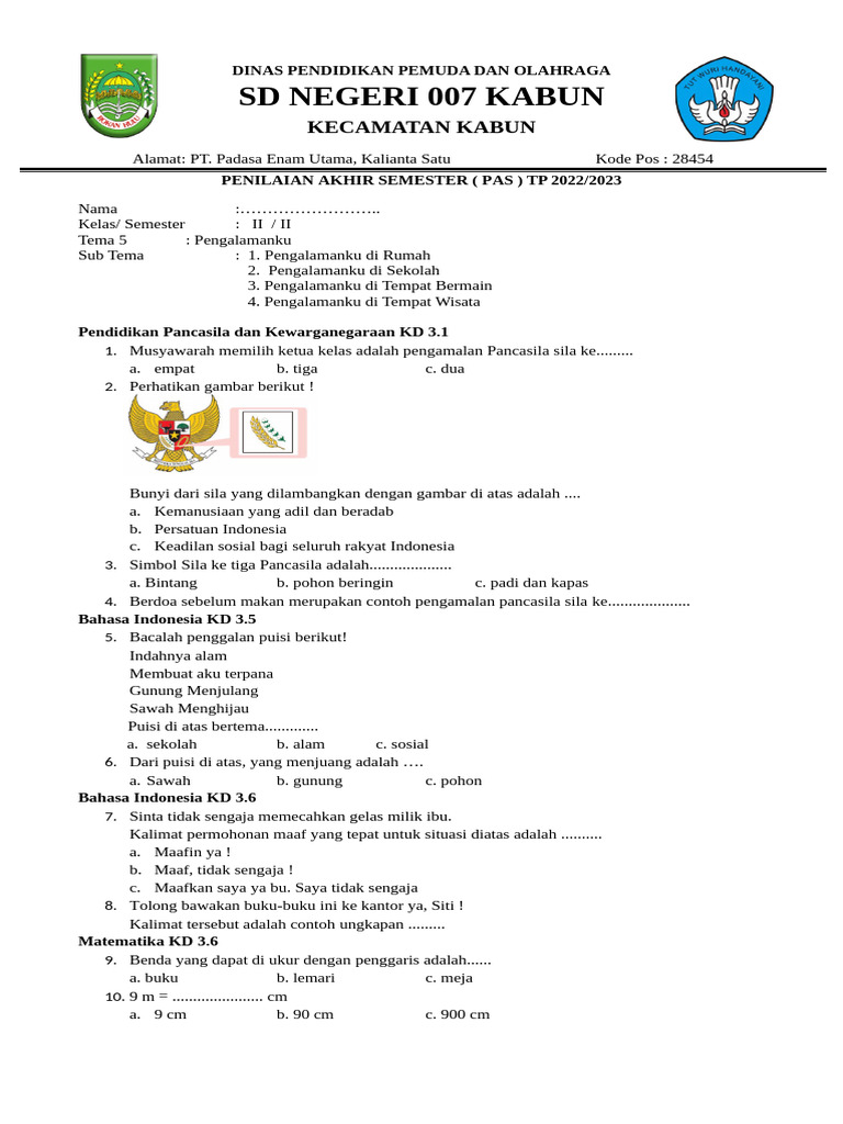 Soal Pas Semester 2 Kelas 2 TP 2022-2023 | PDF