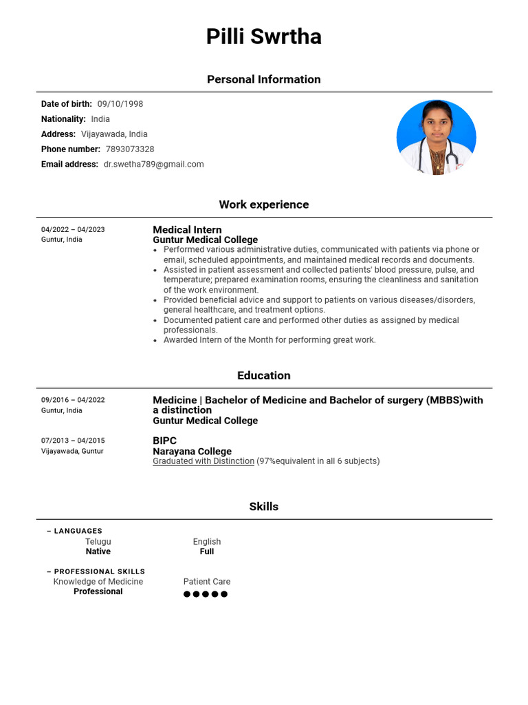 (FREE COPY) Medical Intern Resume Sample | PDF