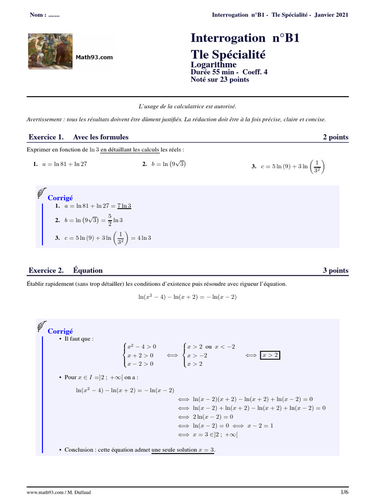 Interrogation Tle Logarithme - 2020 - 2021 Corr | PDF