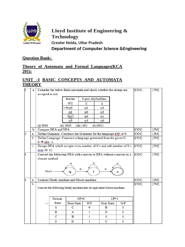 Theory of Automata and Formal Languages-Kca 201-Practice Questions | PDF