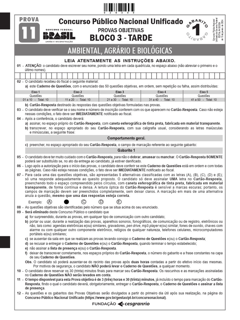Prova 11 Gabarito 1 Ambiental Agrario e Biologicas Tarde | PDF