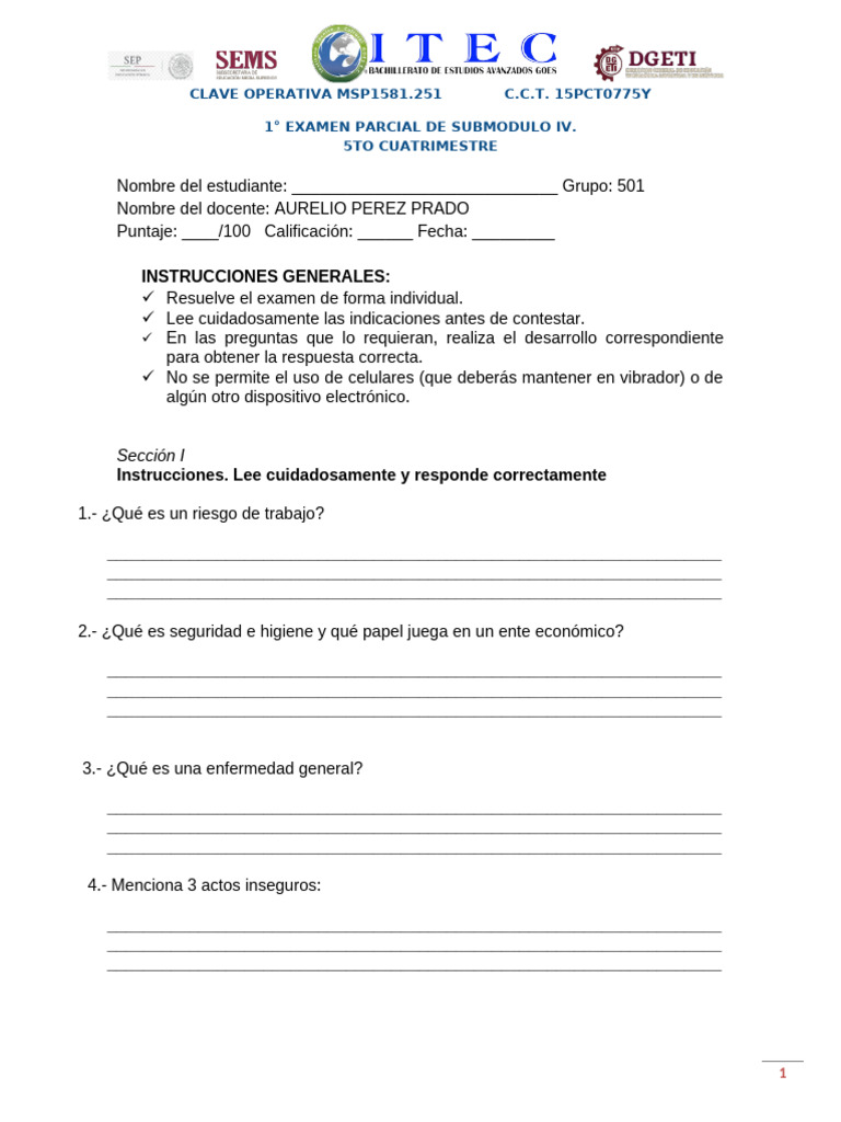 1° - Examen Sub Iv | PDF