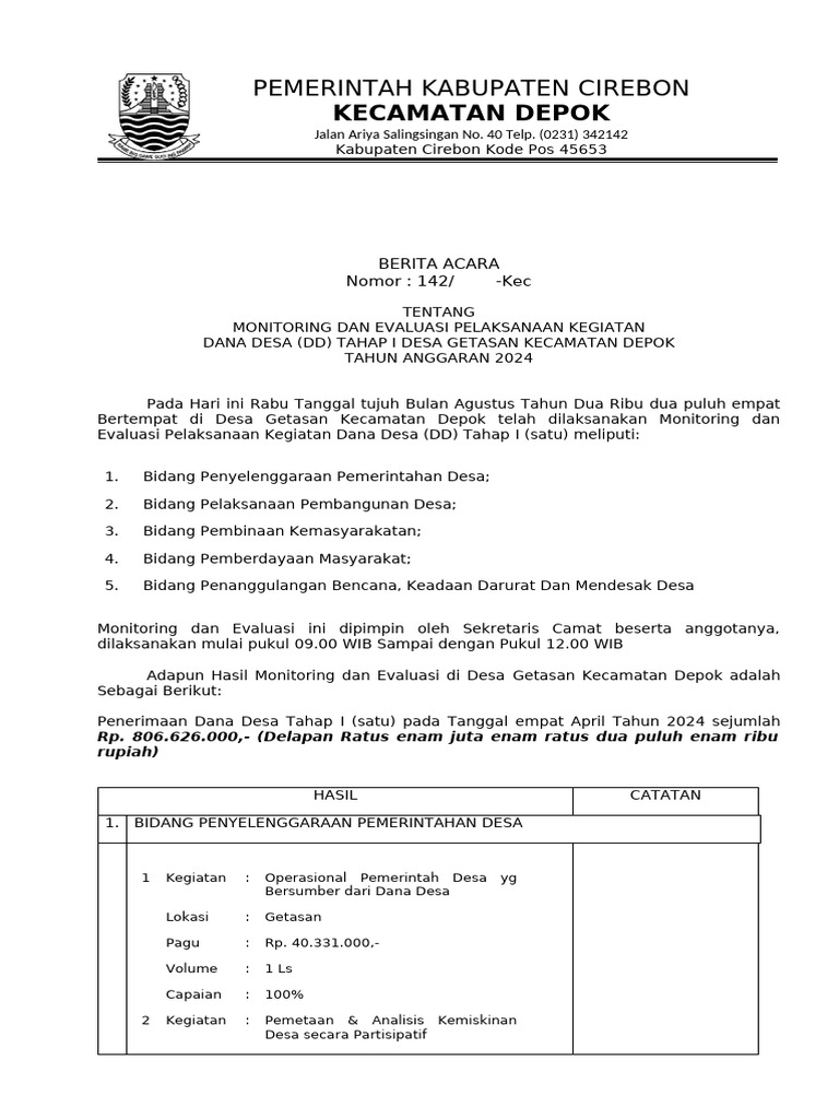 Draft Berita Acara Monev DD Tahapan | PDF