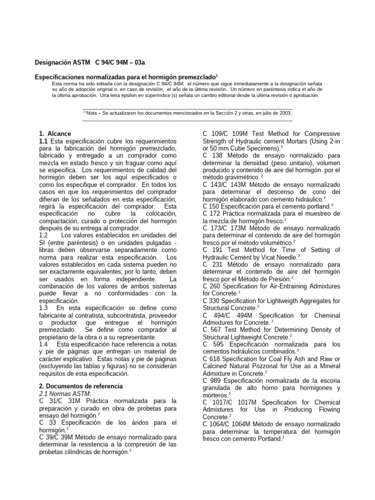 ASTM C 94-03a Especificaciones Normalizadas para El Hormigón Premezclado | PDF