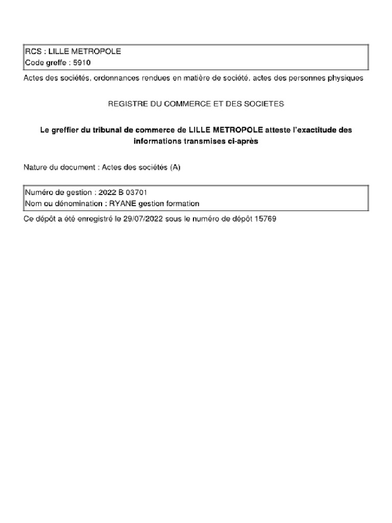 RYANE GESTION FORMATION - Actes Du 29-07-2022 | PDF