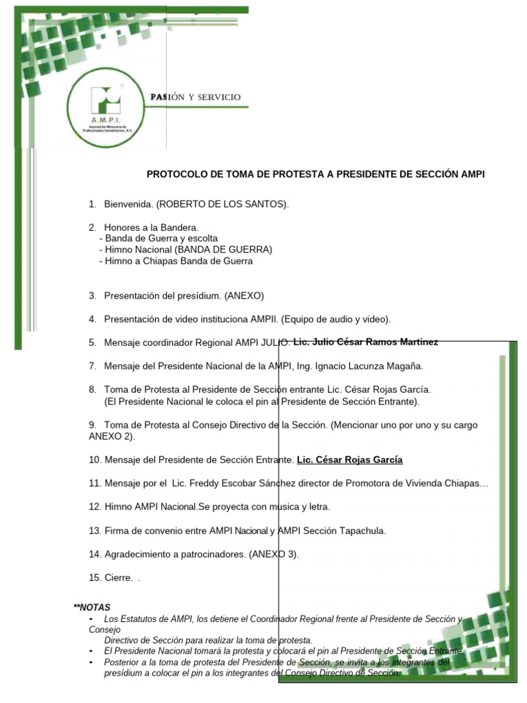 Protocolo de Toma de Protesta Ampi Tapachula 2023 Completo | PDF