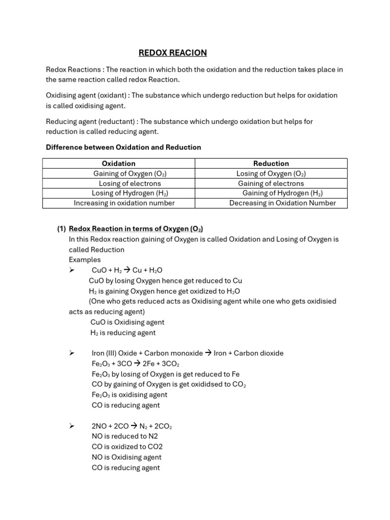 Redox Reactions Notes | PDF