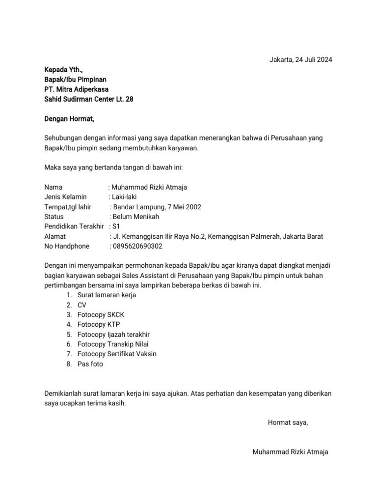 Surat Lamaran PT. MAP | PDF