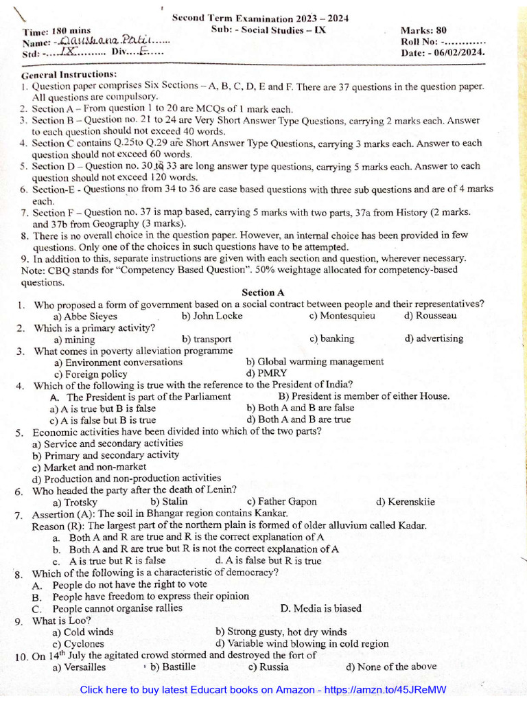 St. Josephs Convent Senior Secondary School Paper 20 SST | PDF