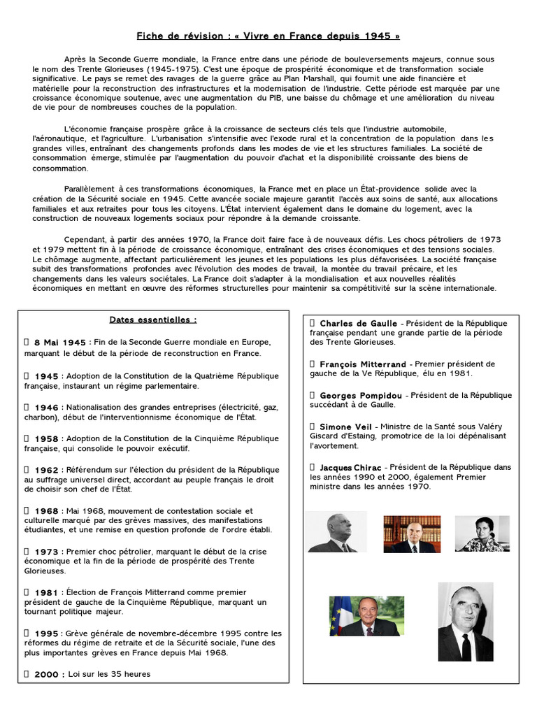 Fiche de Revision Vivre en France Depuis 1945 CV | PDF