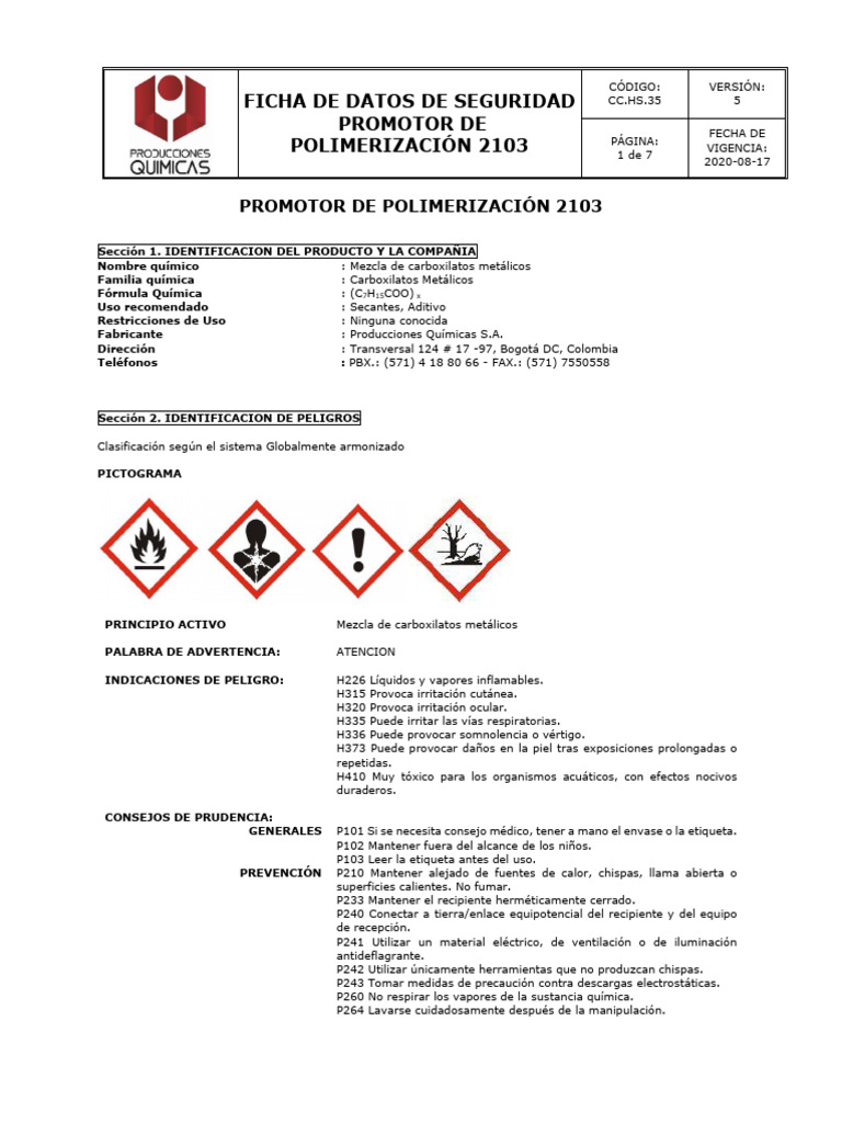 Hoja de Seguridad - Cobalto 2103 | PDF