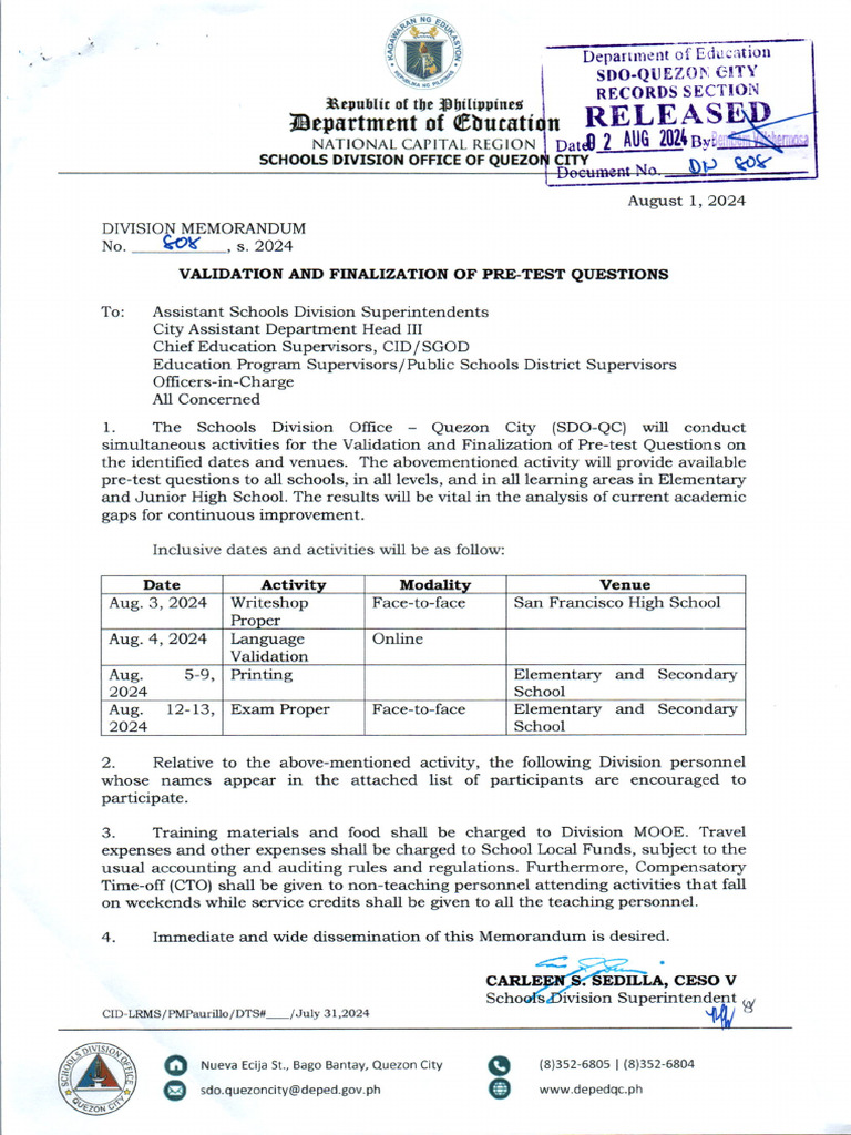 Pre Test Writer Memo Dm No 808 S 2024 Validation And Finalization