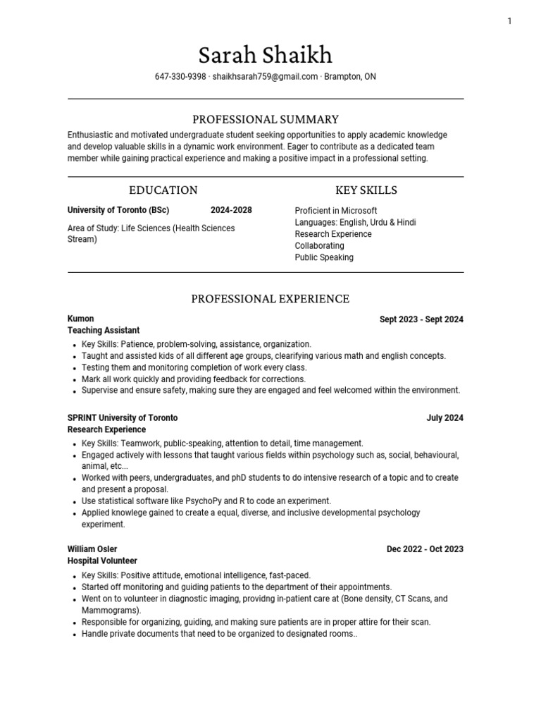 Sarah Shaikh - Resume 2024 | PDF | Cognition | Business