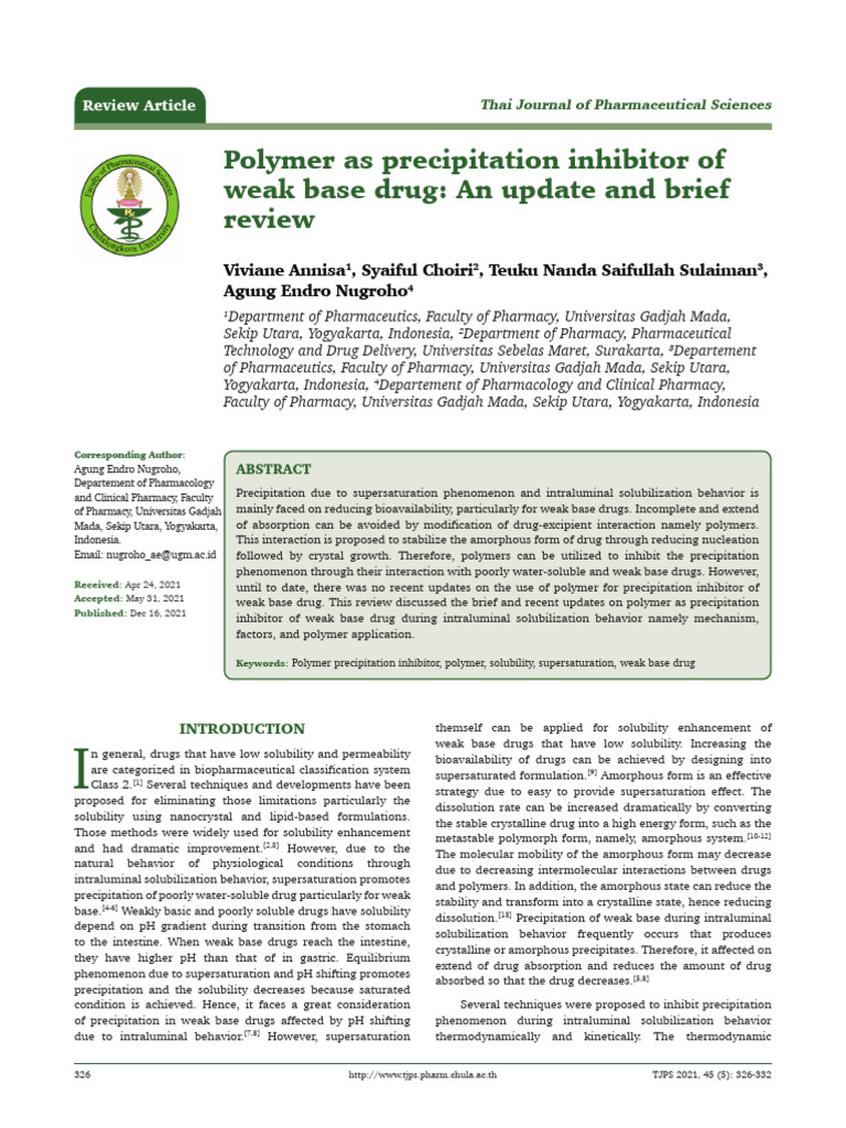 Polymer As Precipitation Inhibitor of Weak Base Drug | PDF