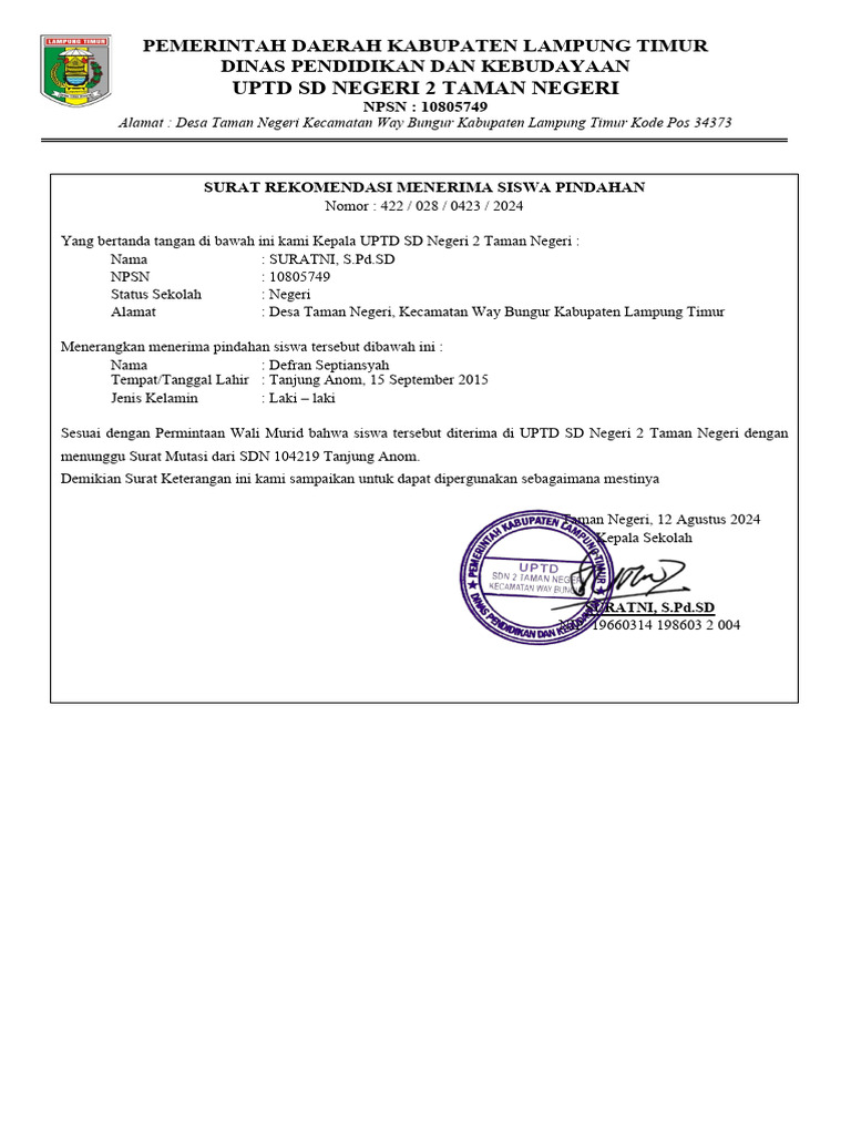 SURAT MENERIMA SISWA MUTASI DEFRAN 2024 | PDF