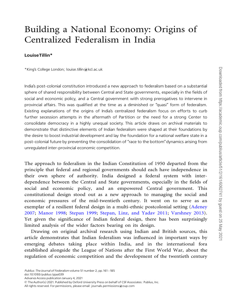 Building a National Economy - Origins of Centralized Federalism in ...