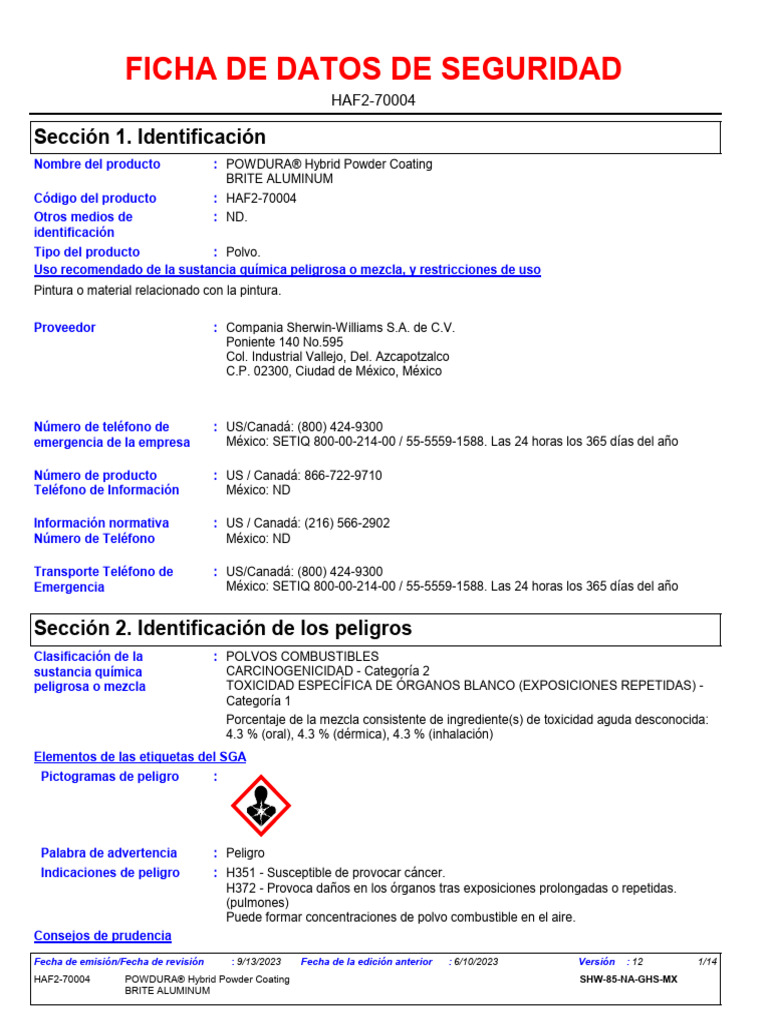 HAF2-70004 SDS Spanish ( MEXICO) MX | PDF