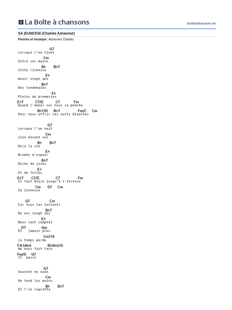 Sa jeunesse - Charles Aznavour - Partitions - La Boîte à chansons ♫ | PDF