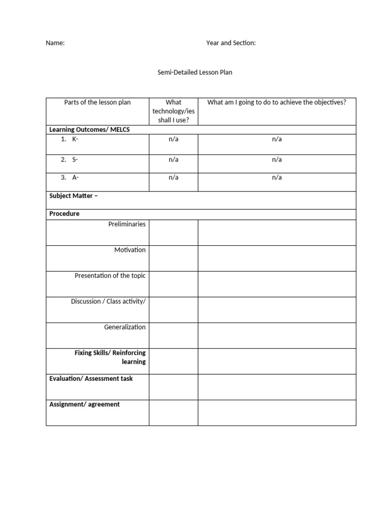 Semi Detailed Lesson Plan Template For TTL 2 | PDF