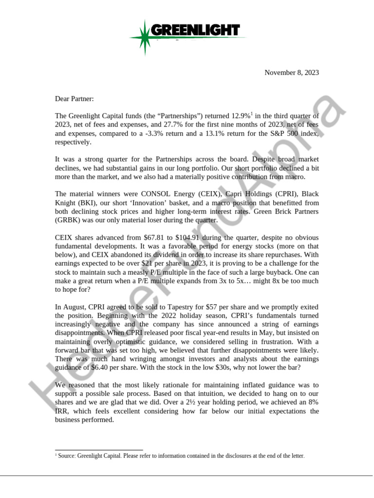 Greenlight Q3 Letter | PDF