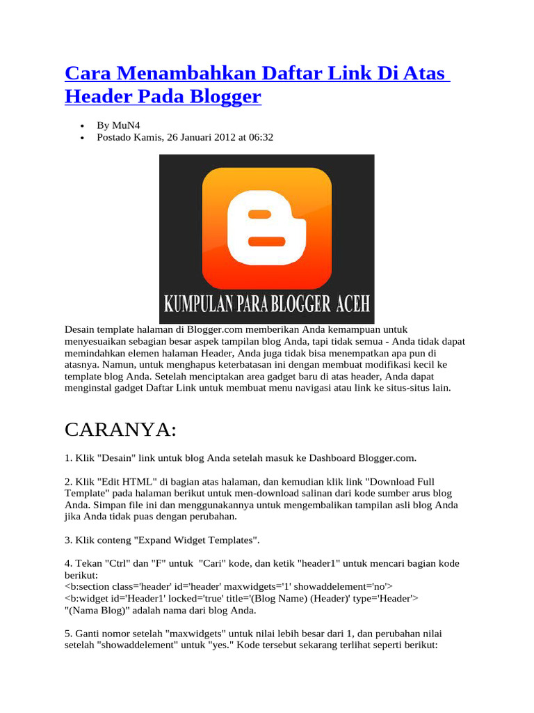 Cara Menambahkan Daftar Link Di Atas Header Pada Blogger | PDF