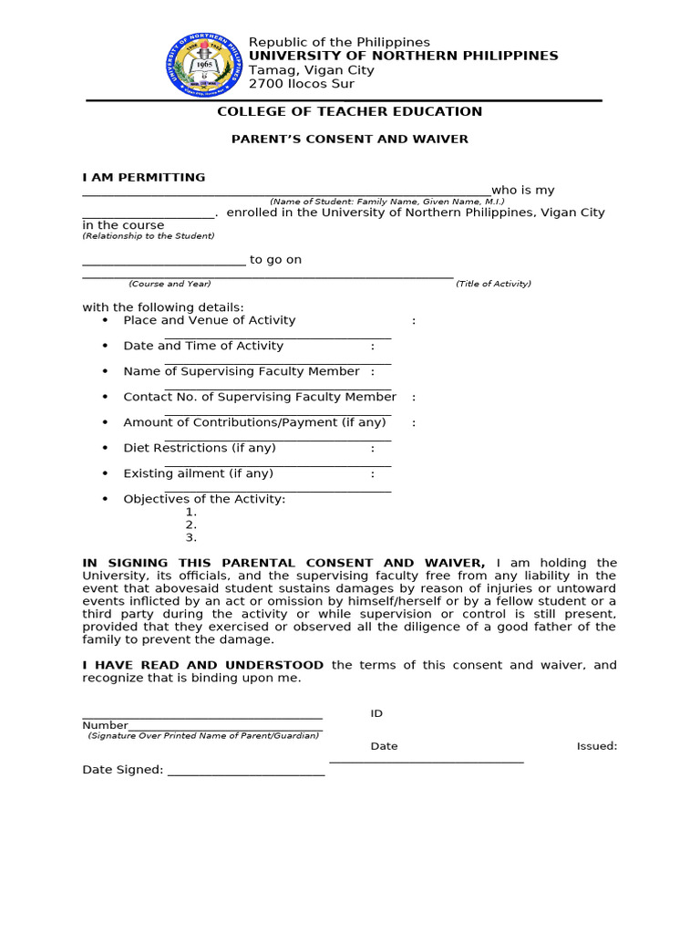 Parents Consent and Waiver Template | PDF | Justice | Crime & Violence