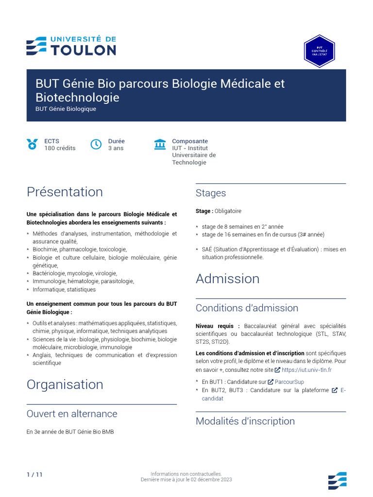 BUT Génie Bio Parcours Biologie Médicale Et Biotechnologie | PDF
