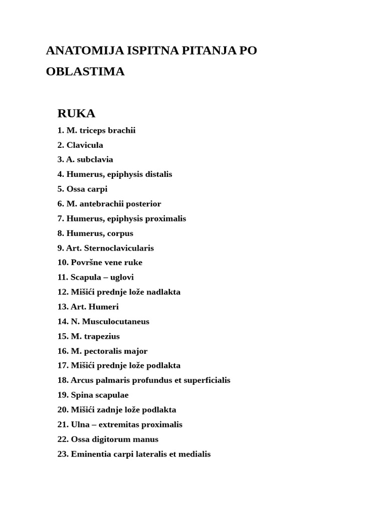 Anatomija Ispitna Pitanja Po Oblastima | PDF