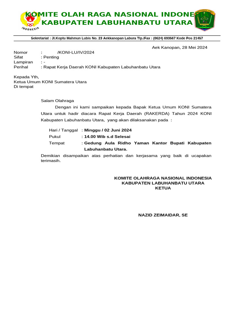 Surat Undangan RAKERDA KONI 2024 Ketum | PDF