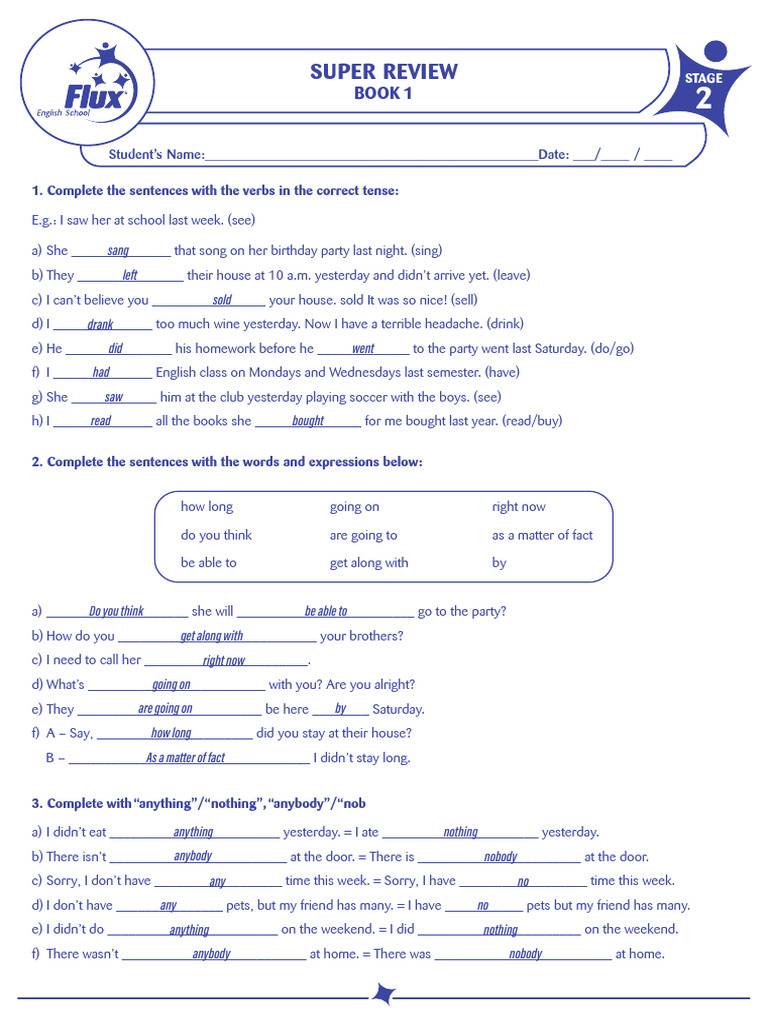 Super Review - Book 1 Stage 2 (Answe Key) | PDF