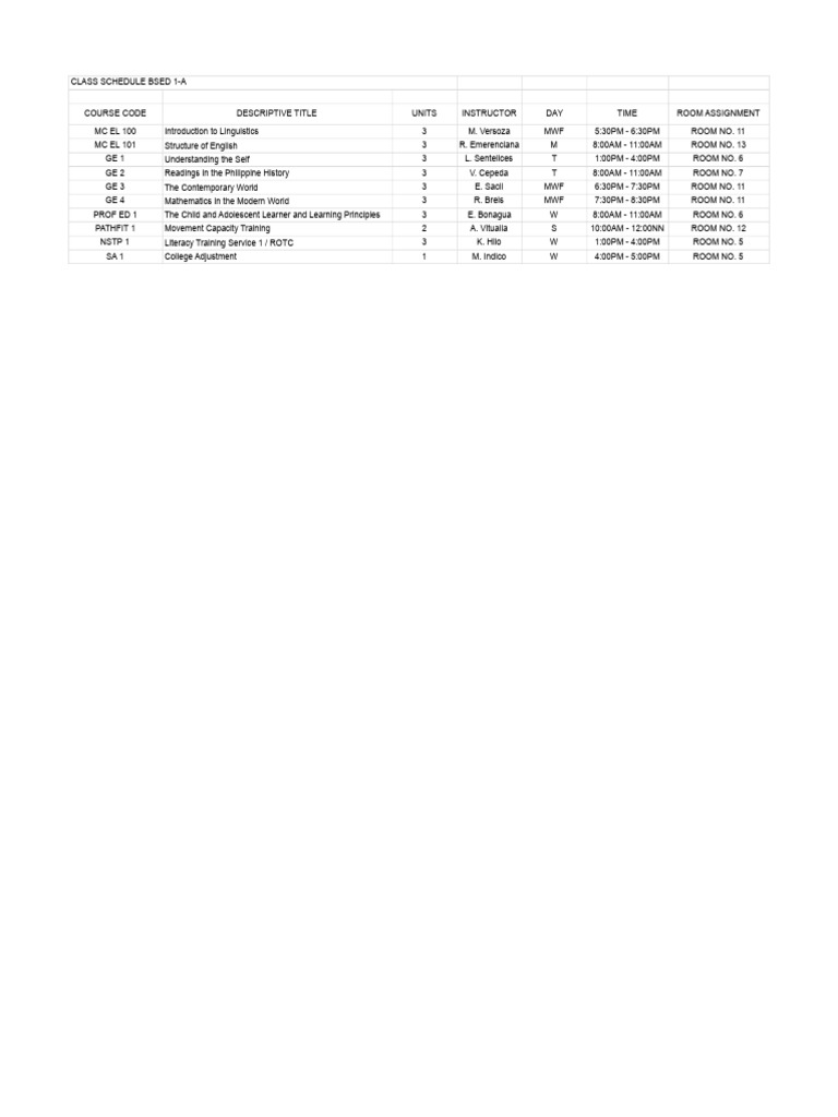 Bsed 1-A Schedule 1ST Sem A-Y 24-25 | PDF