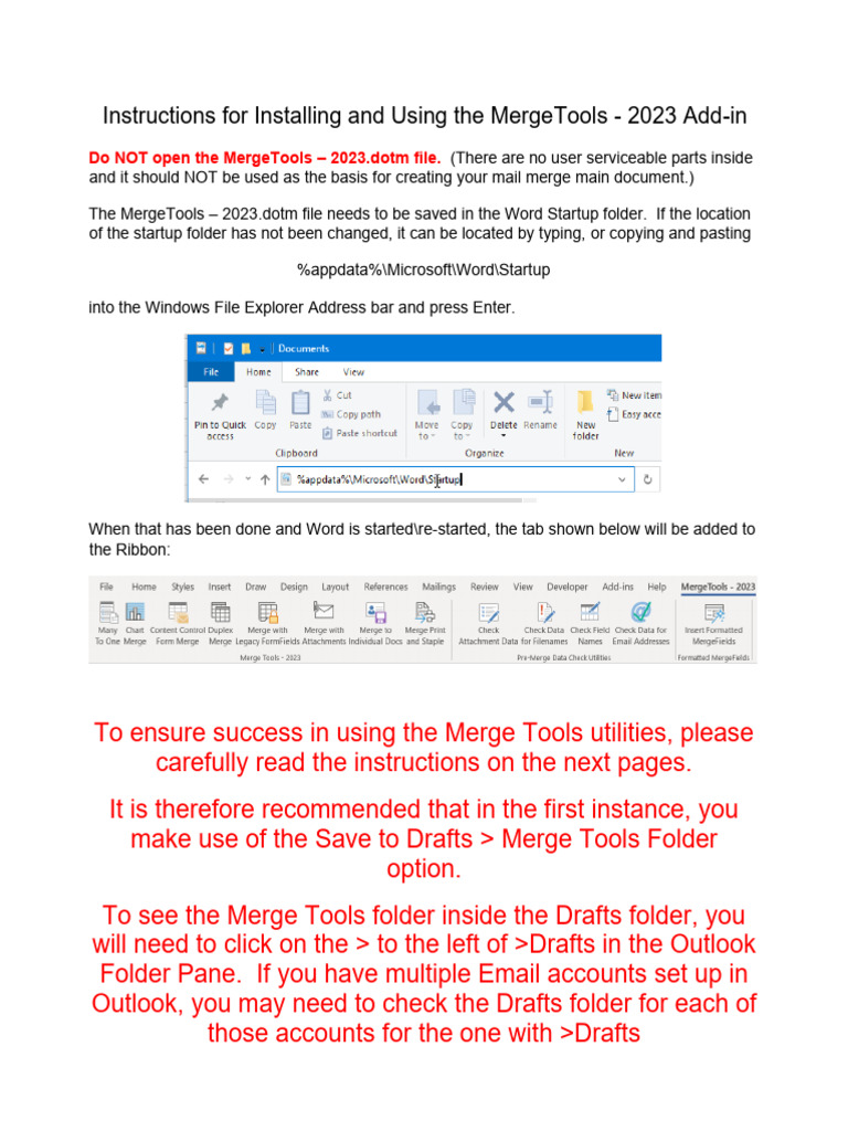READ ME - Setting Up and Using The MergeTools - 2023 Add-In | PDF