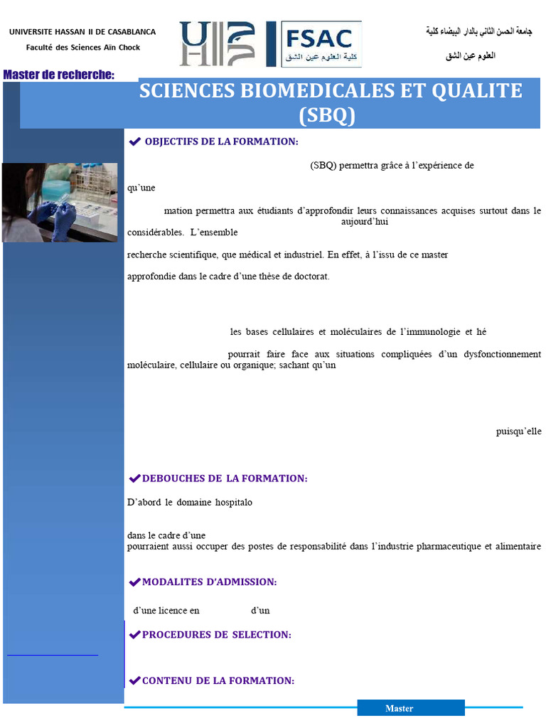 Sciences Biomedicales Et Qualite (SBQ) : Master de Recherche | PDF