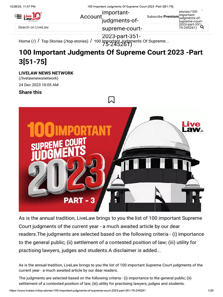 100 Important Judgments of Supreme Court 2023 - Part 3 (51-75) | PDF