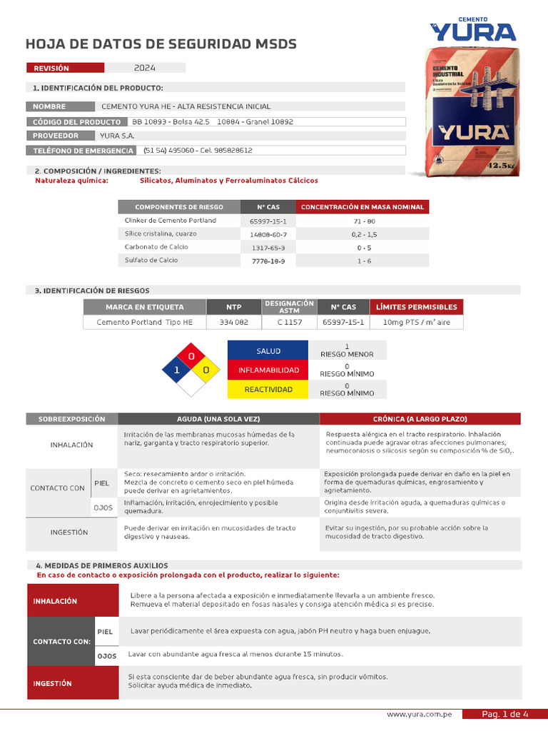 Hoja MSDS - Cemento Yura HE | PDF