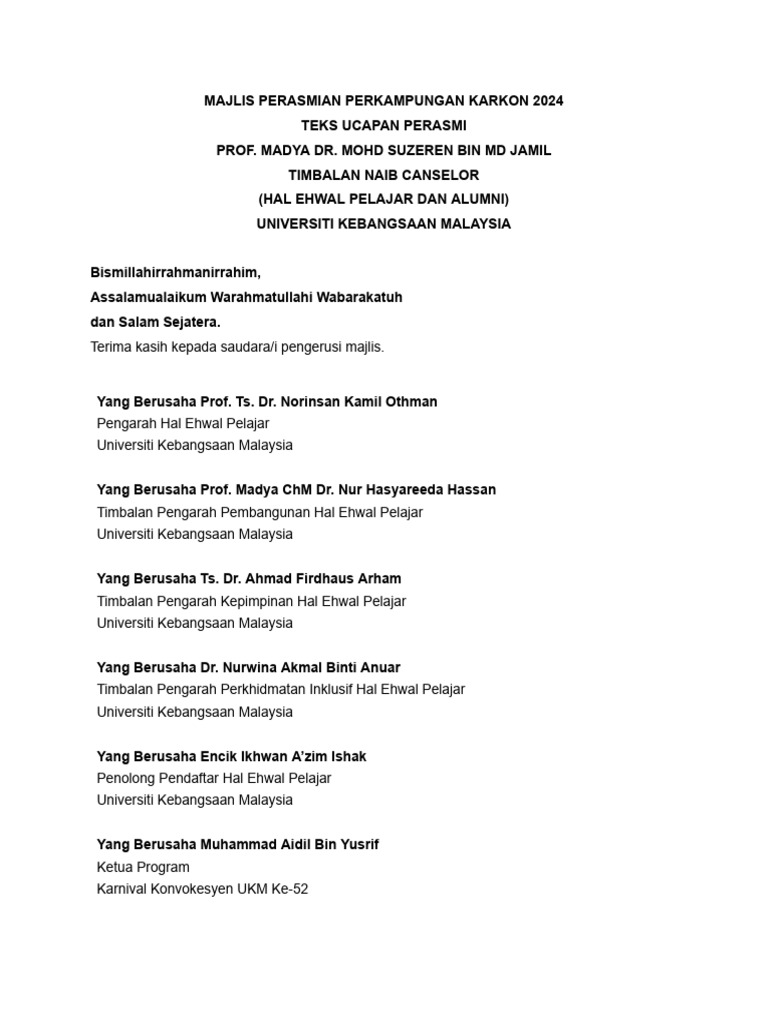 Teks Ucapan Perasmi Majlis Perasmian Perkampungan Karkon 2024 | PDF