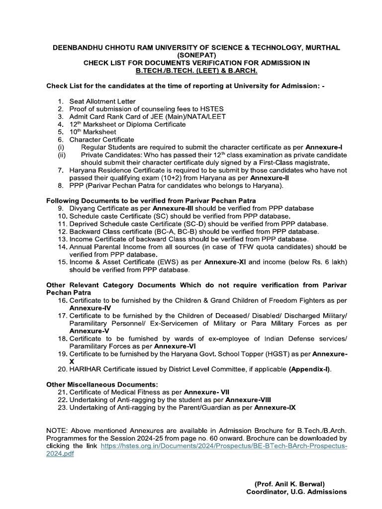 Check List For Documents Verification For Admission in B.tech. | PDF