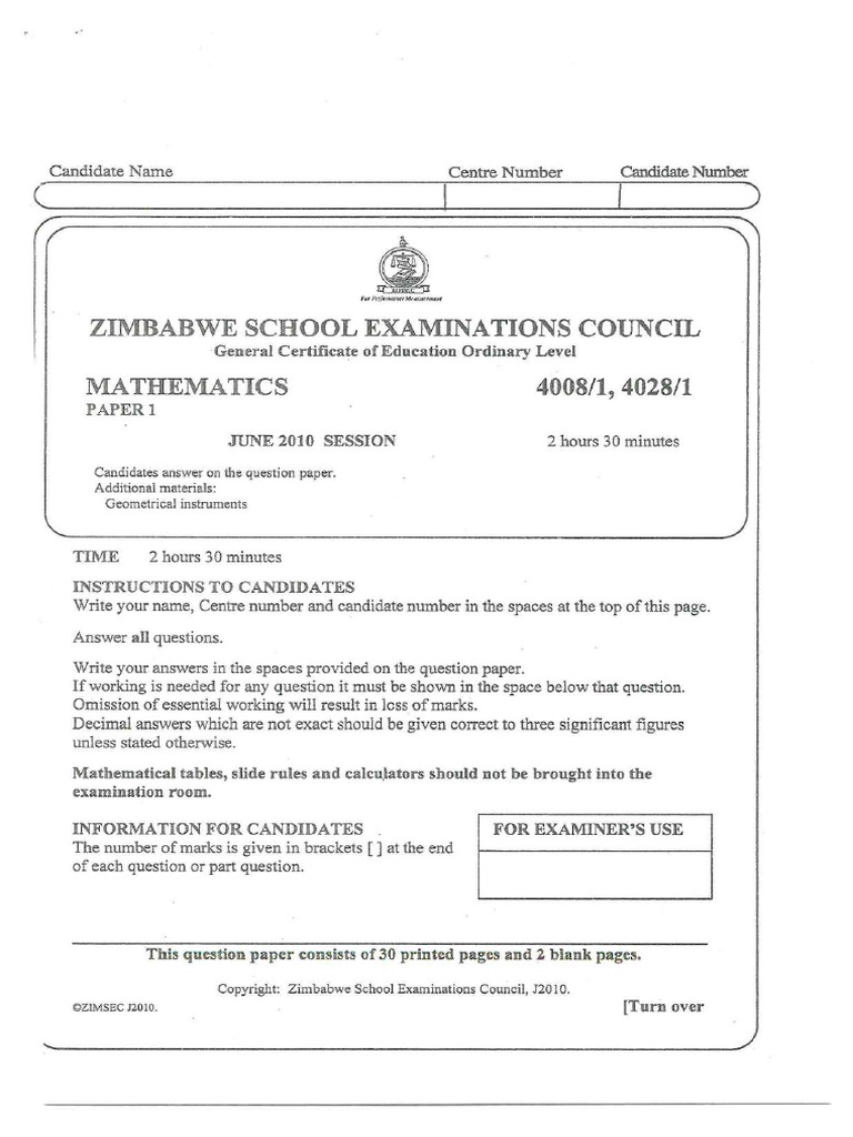 O-Levels Mathematics 2010 | PDF
