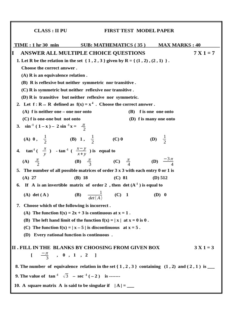 Second Pu Unit Tset Model Paper | PDF