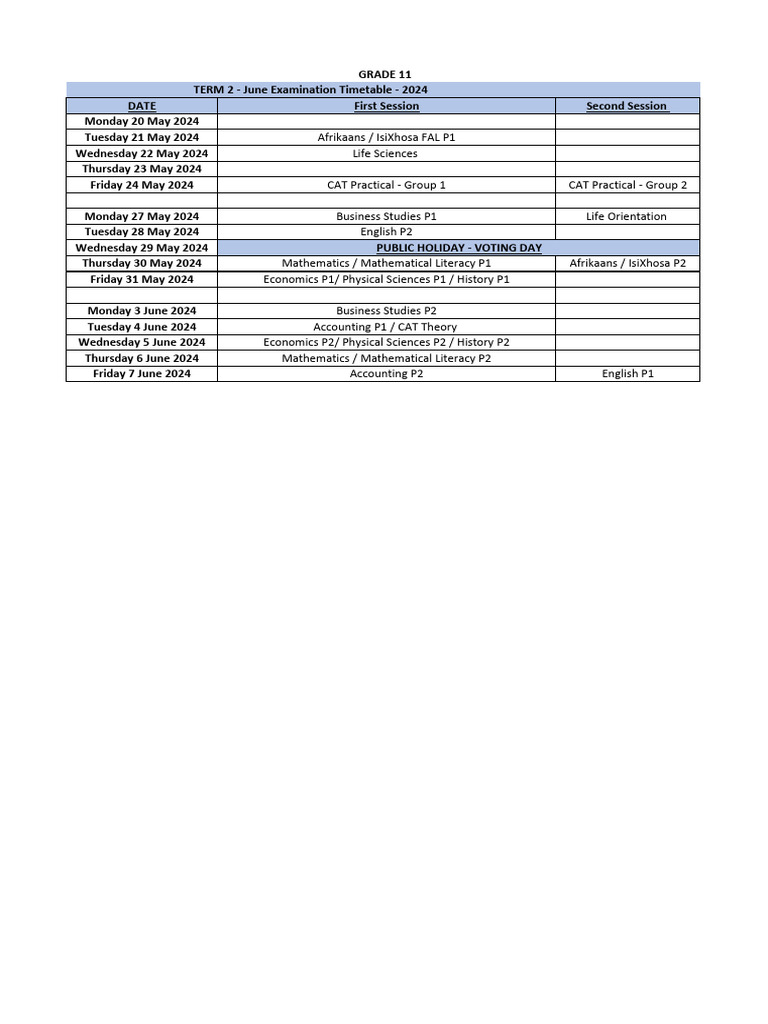 Examination Timetable Grade 11 | PDF