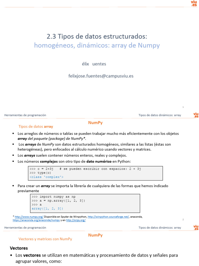 2.3 Datos Estructurados Dinámicos (Mutables) - Arrays de NumPy | PDF | Datos de computadora ...