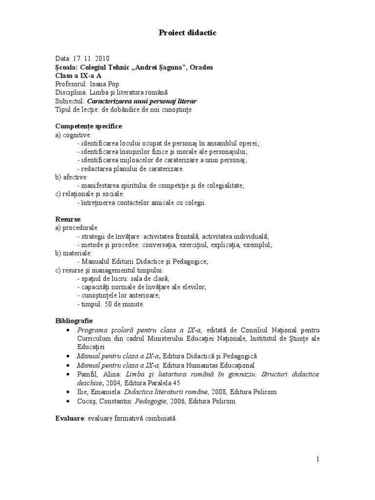 Plan de Lectie Caracterizarea Unui Personaj Literar | PDF