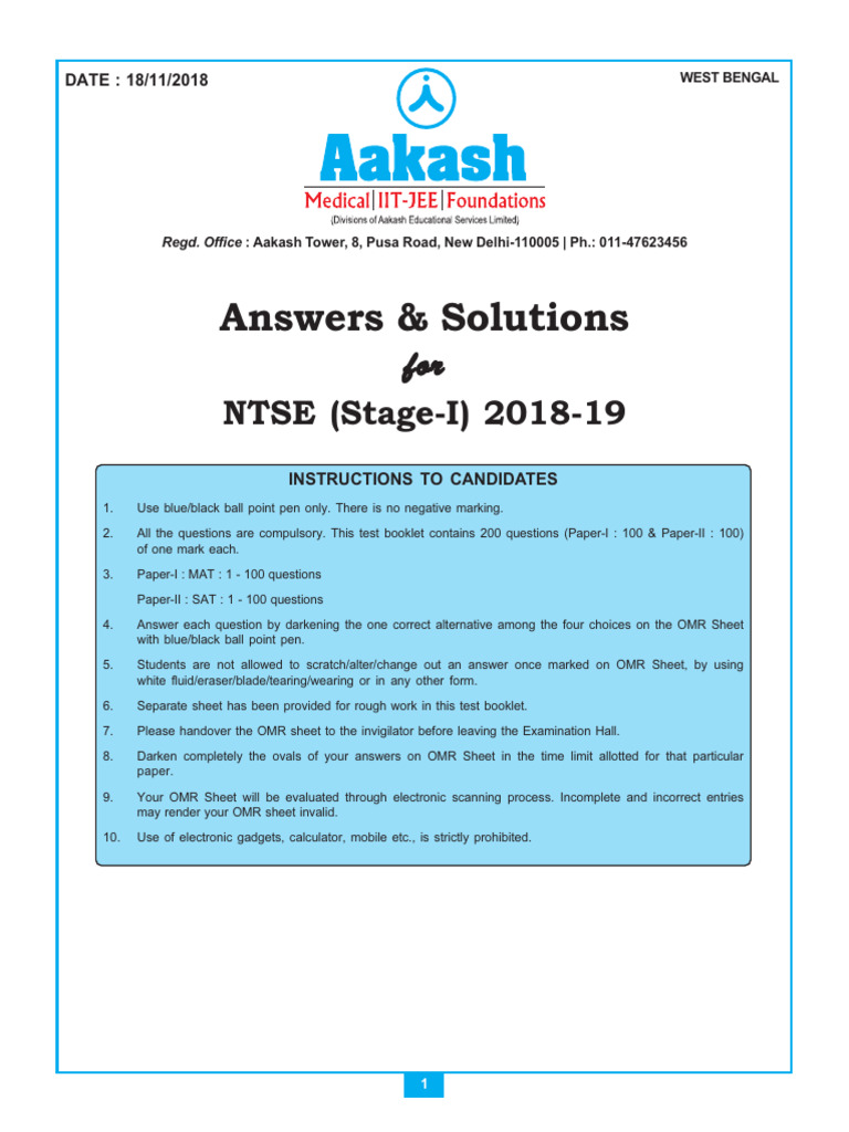 Solution NTSE (S I) 2018 19 MAT SAT West Bengal | PDF