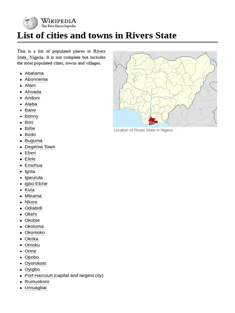 List of Cities and Towns in Rivers State | PDF