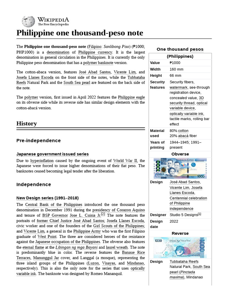 Philippine One Thousand-Peso Note | PDF