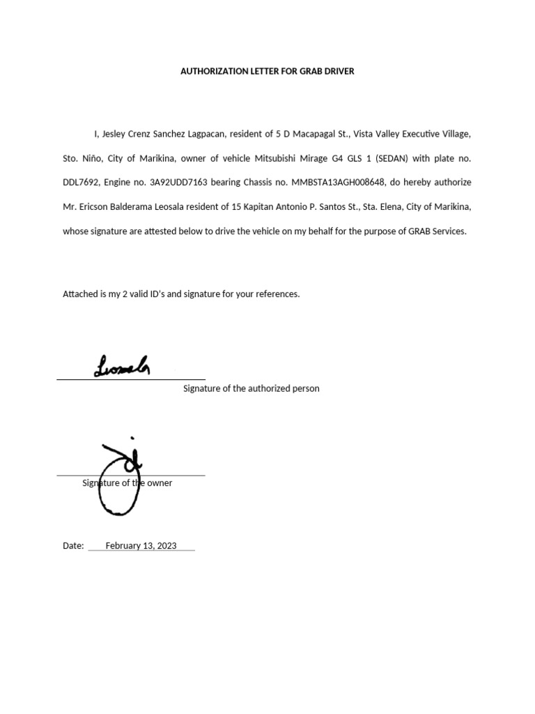 Authorization Letter For Grab Driver | PDF