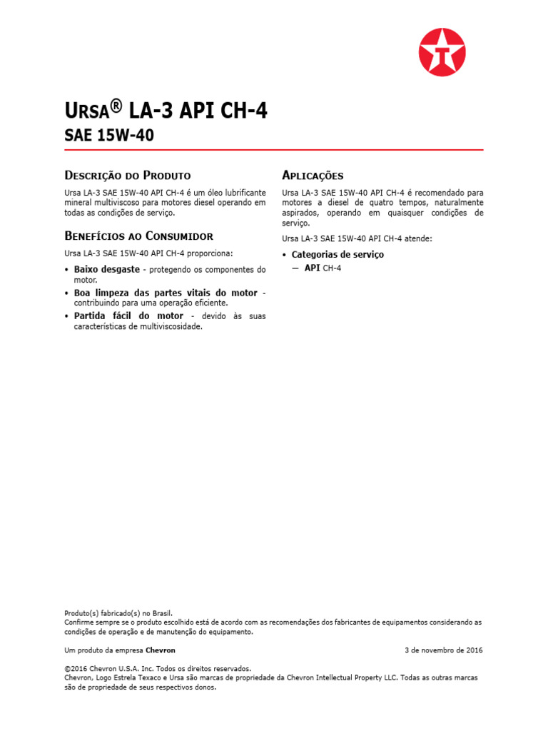Ursa-LA3-15W40-CH4 - BR-PT - 3nov2016 - CH-4 15W40 - Mais Simples | PDF