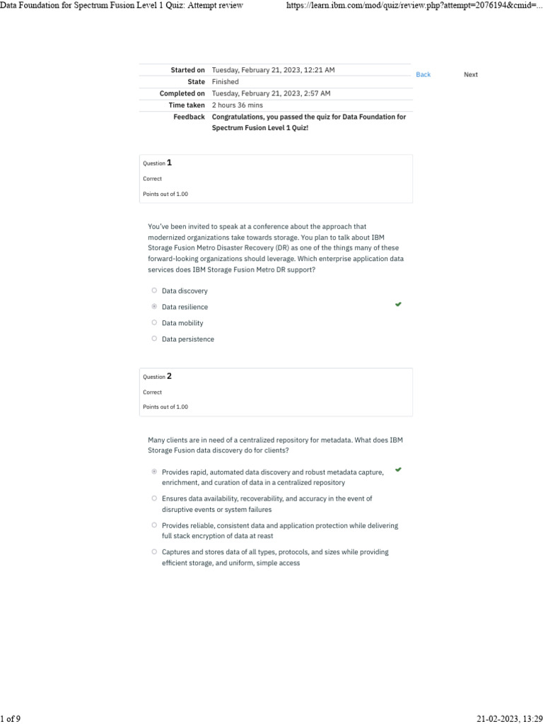 Data Foundation For Spectrum Fusion Level 1 Quiz Attempt Review | PDF