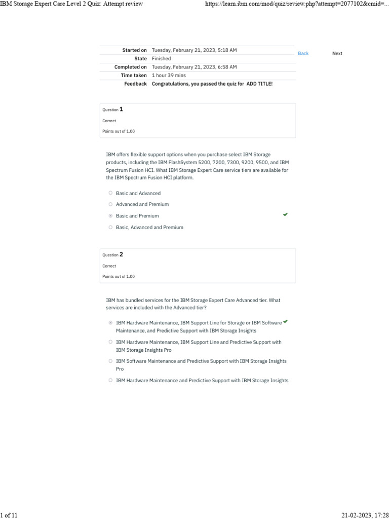 IBM Storage Expert Care Level 2 Quiz Attempt Review | PDF