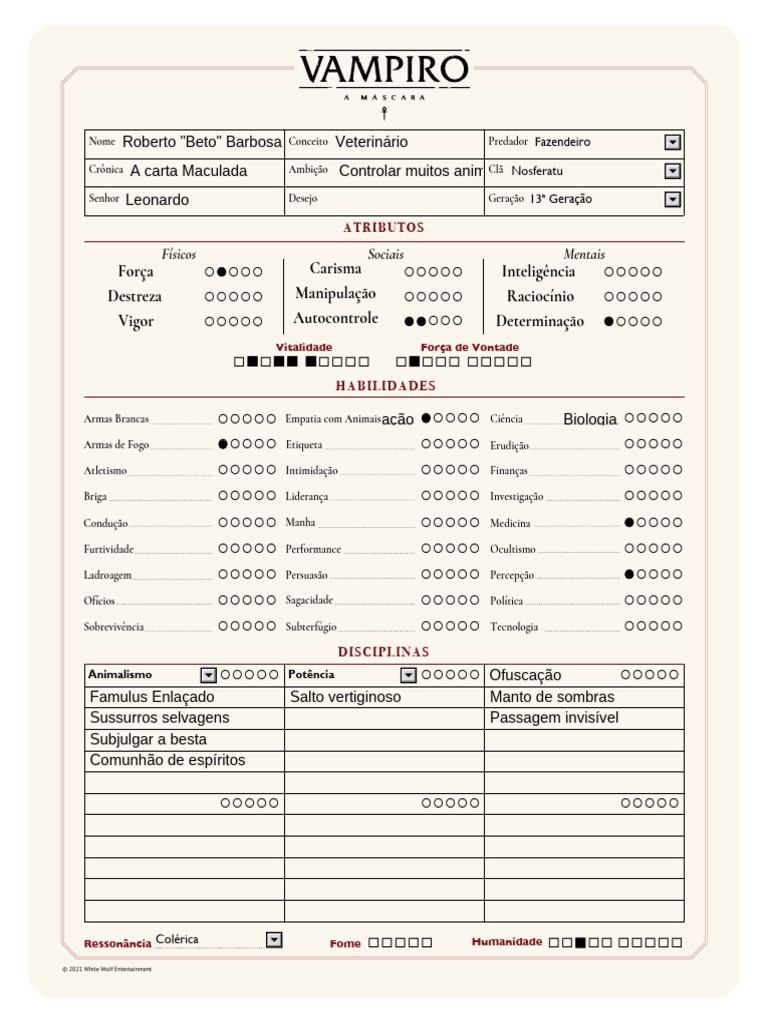Ficha de Personagem V5 (Galápagos) - Rangel - Beto | PDF